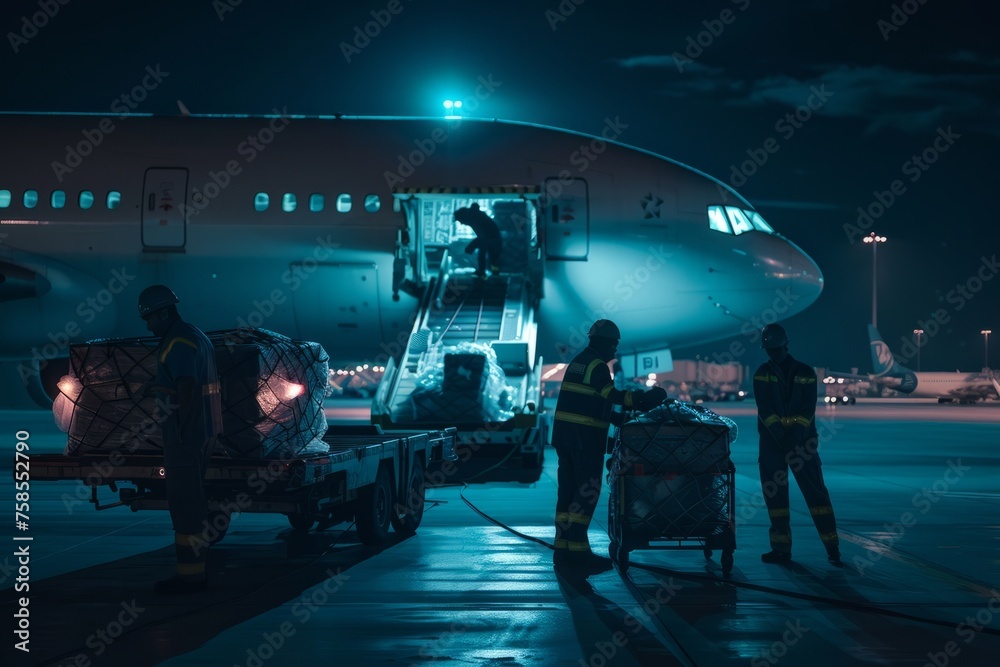 Group of airline ground crew members loading luggage onto an aircraft ...