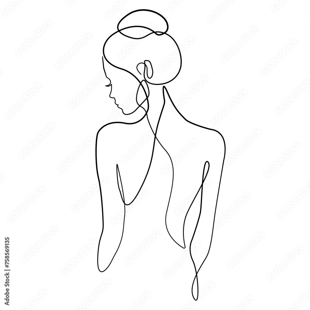 Female Nude Back Continuous One Line Drawing. Woman Body Sketch Line ...