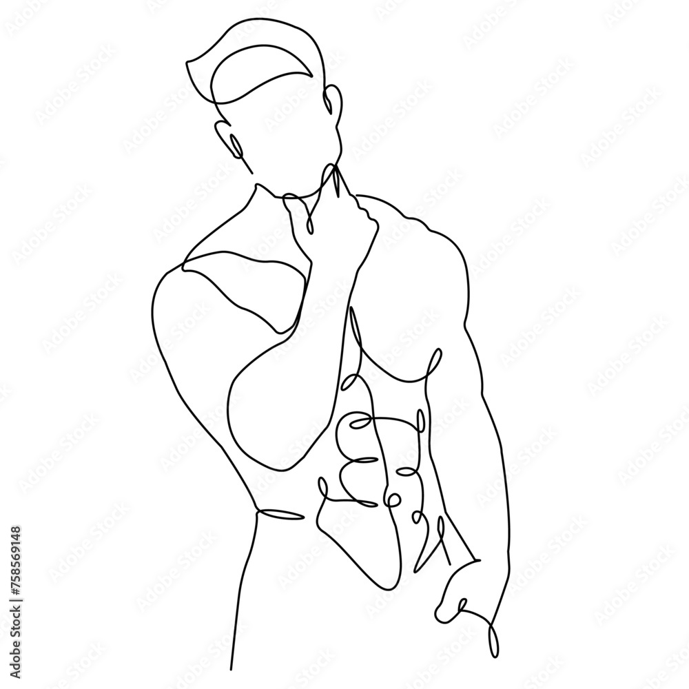 Male Nude Body Continuous One Line Drawing. Man Body Black Sketch Art ...