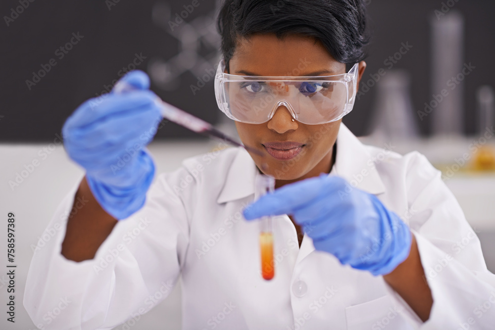 Science, laboratory and black woman with sample and pipette for medical ...