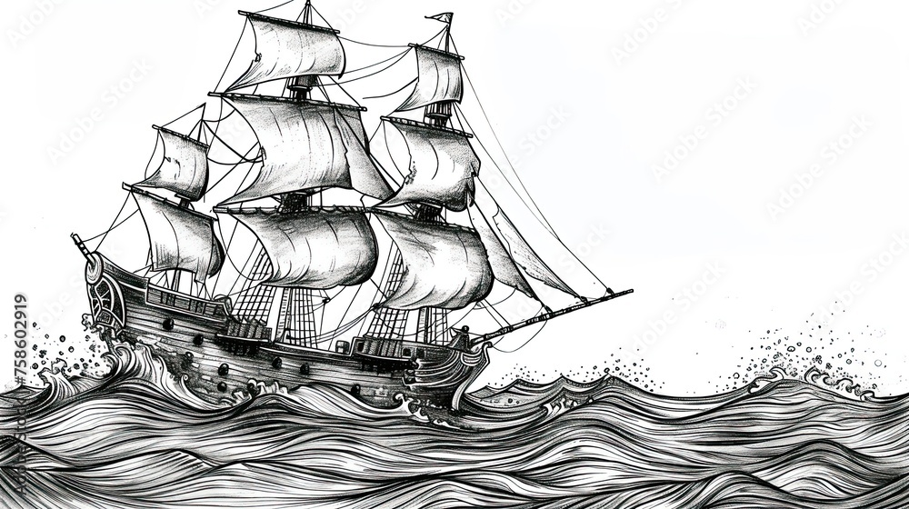 Ship. Abstract, doodle, sail, sea, captain, pirate, deck, mast, ocean ...