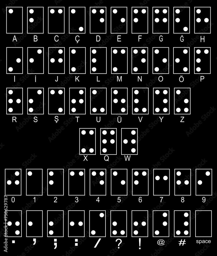 Black and white Braille alphabet. Turkish and English Letters, numbers ...