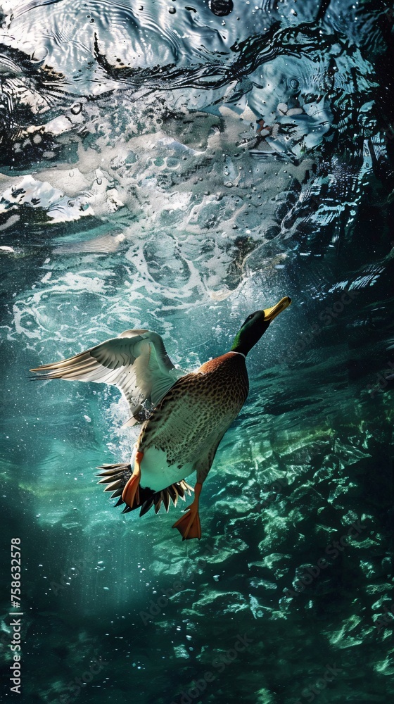 Stock-Foto „Unique view of a duck diving and swimming underwater ...