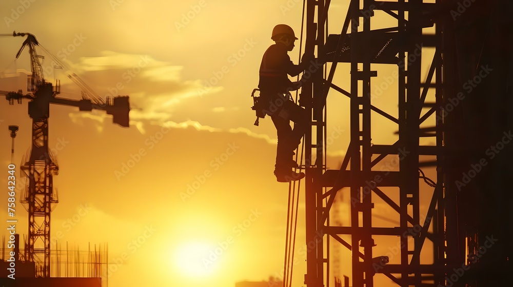 Construction worker silhouetted against sunset on scaffolding ...