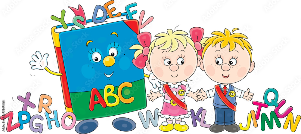 Stock-Vektorgrafik „Happy little boy and girl graduates of kindergarten ...