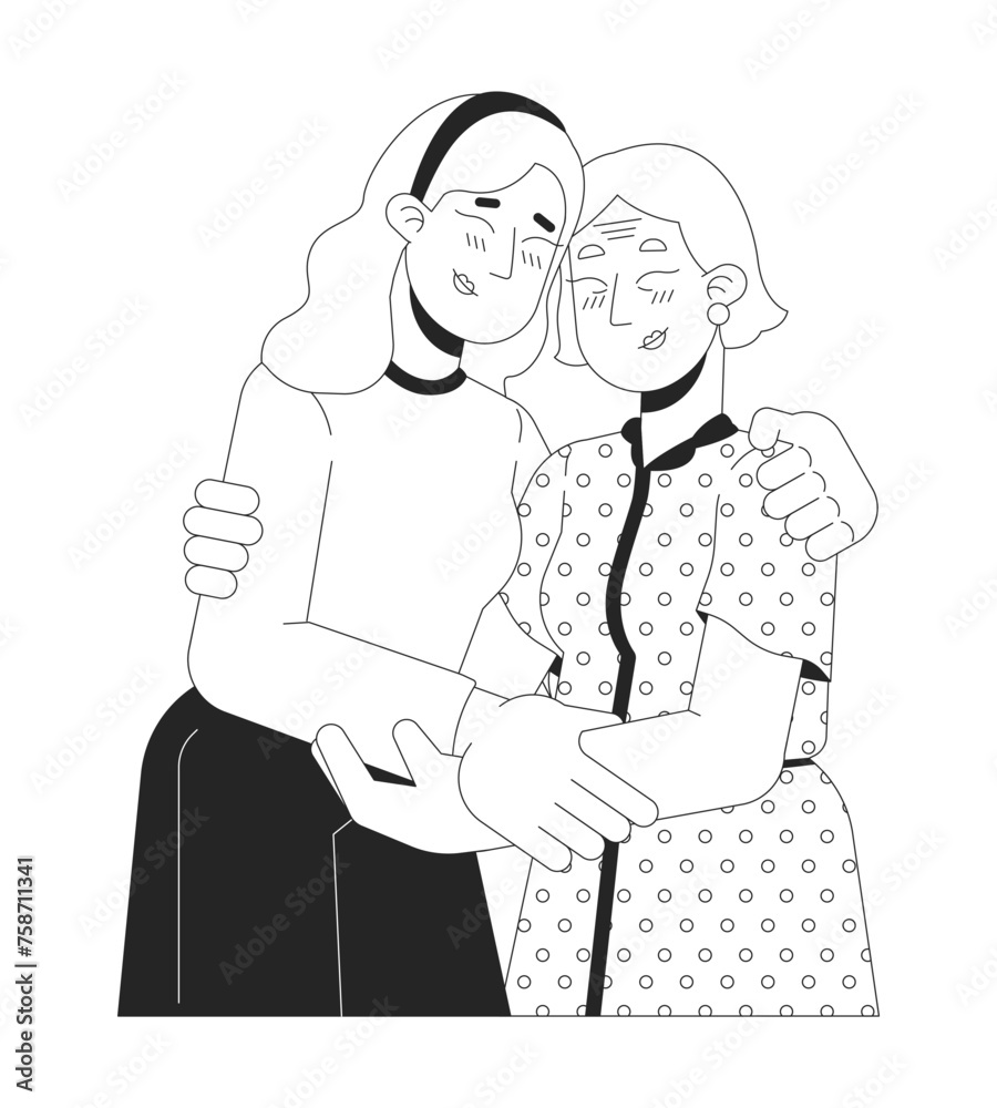 Caucasian elderly mother daughter hugging black and white 2D line ...
