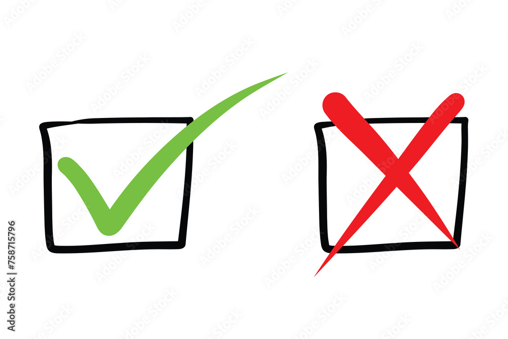 Hand drawn tick and x icons set. Stylish check mark icon set in green ...