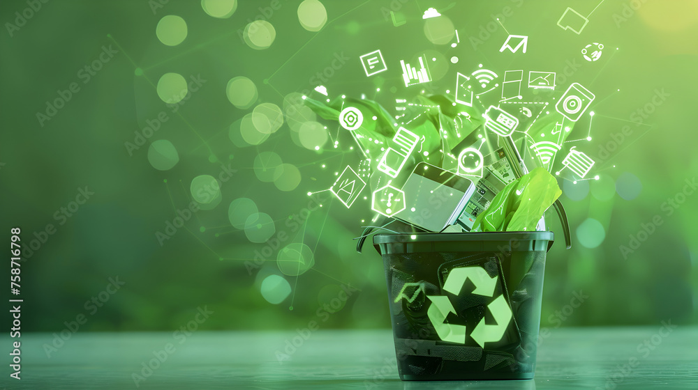 A semi - opaque recycling bin filled with electronic waste, overlaid ...