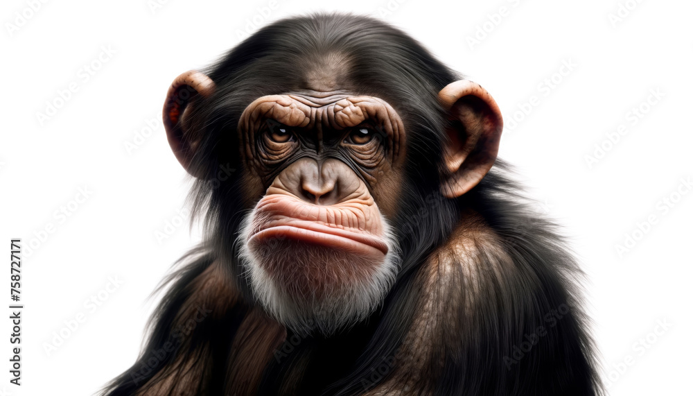 An adult chimpanzee with a disgusted expression frown, in clean white ...