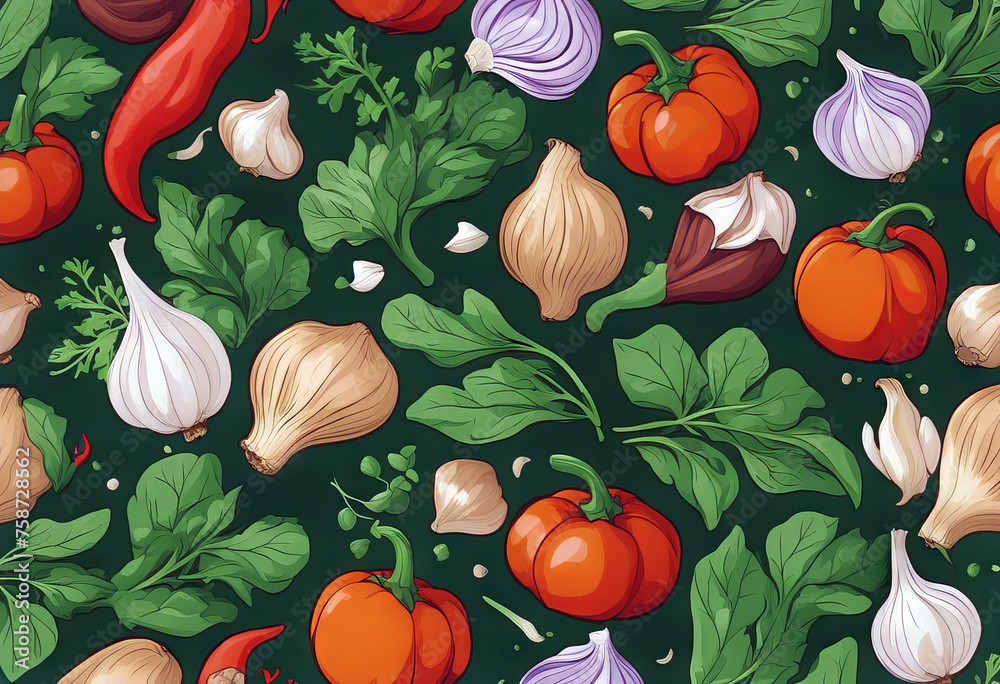 Herbs and spices seamless pattern. Ginger spinach onion pepper garlic ...