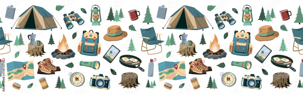 Collection of forest camping equipment. Vector seamless border ...