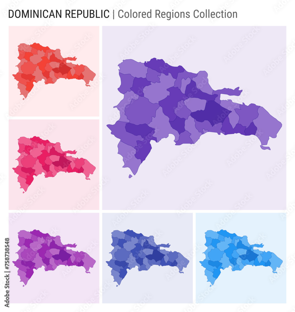 Dominican Republic map collection. Country shape with colored regions ...