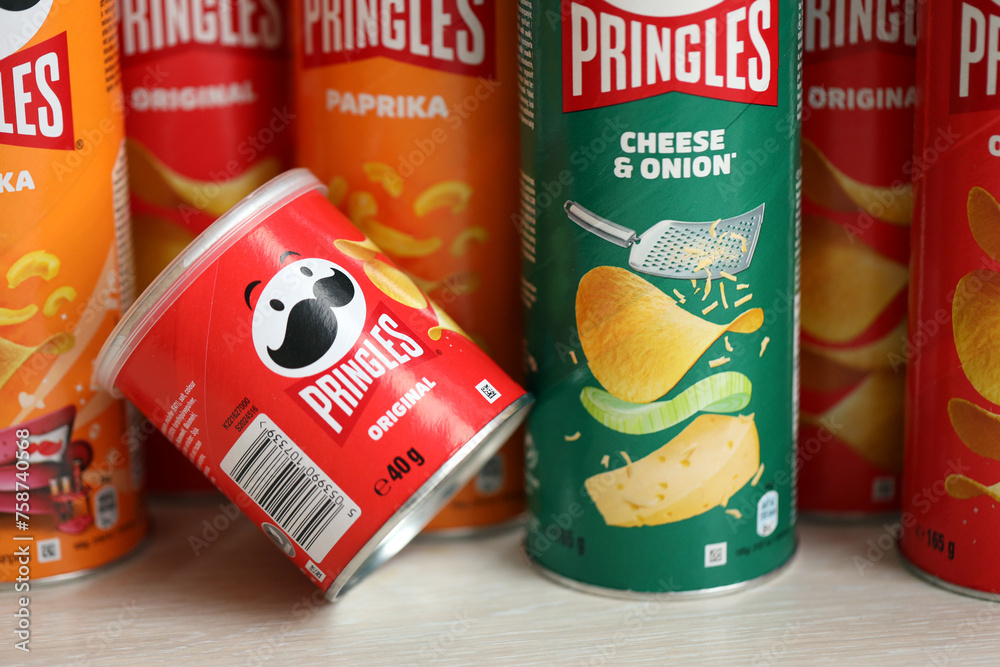 KYIV, UKRAINE - FEBRUARY 27, 2024 Pringles original potato chips on ...