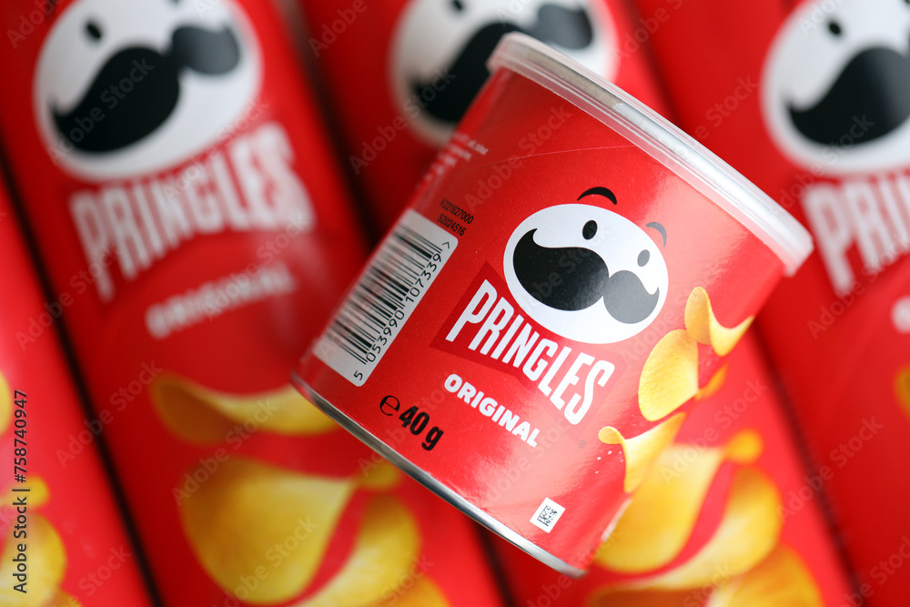 KYIV, UKRAINE - FEBRUARY 27, 2024 Pringles original potato chips on ...