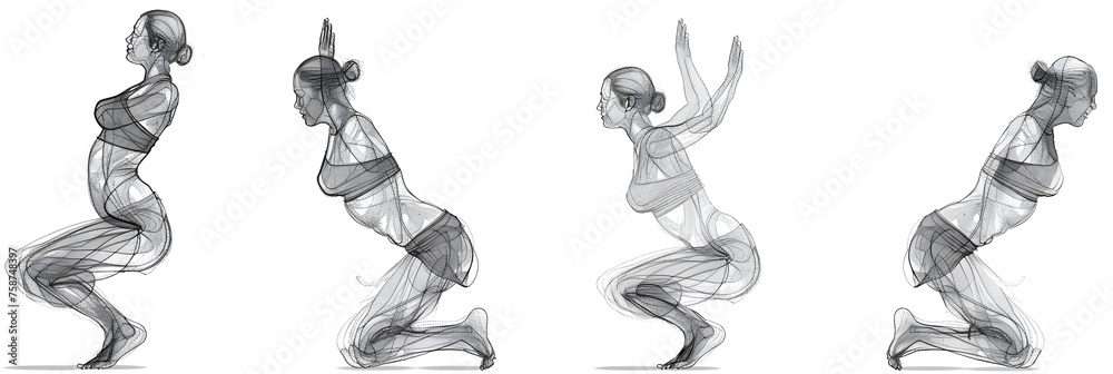 yoga positions vector drawing, monochrome, black and white, sequence ...