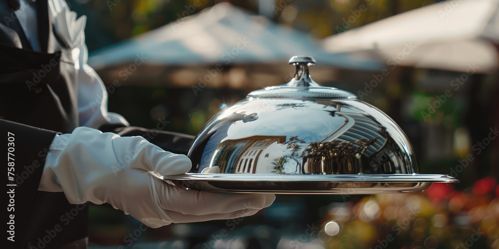 Elegant Waiter Serving with Silver Cloche. Close-up of a waiter in ...