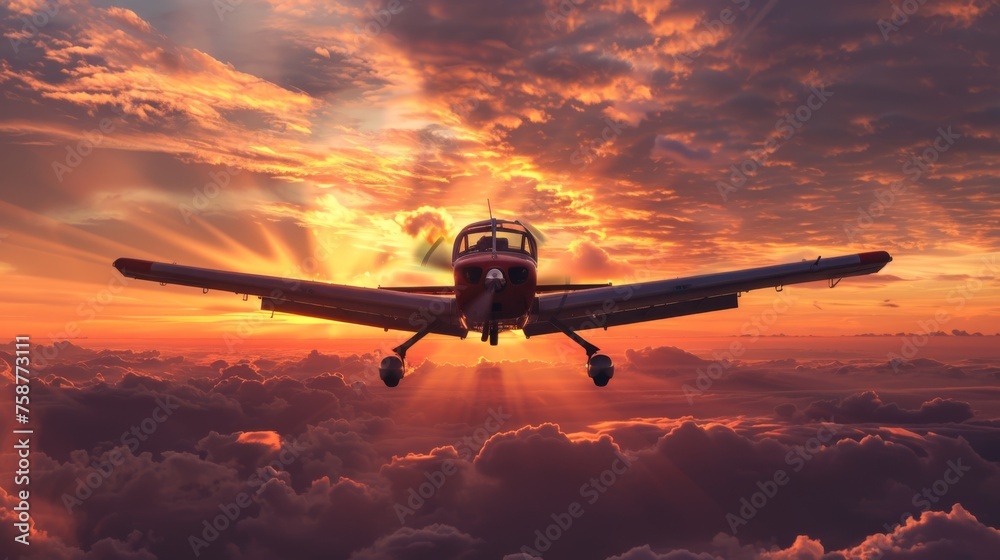 A small plane is seen flying through a cloudy sky, surrounded by ...
