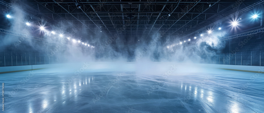 Blue Ice Rink Background. Professional Arena illuminated neon lights ...