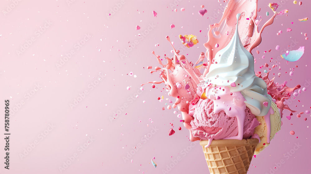 ice cream splash, pink background, ice cream cone, pink color palette ...