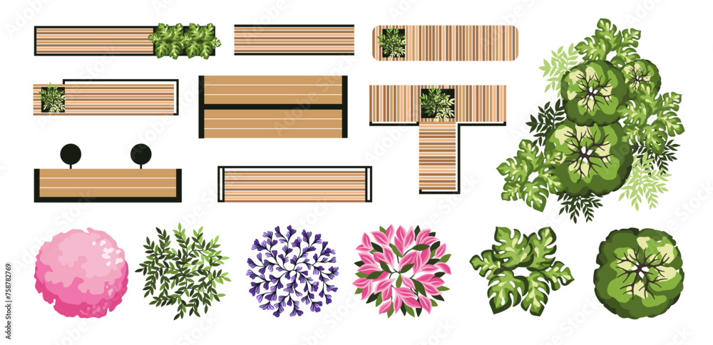 Top view elements for the landscape design plan. Trees and benches for ...