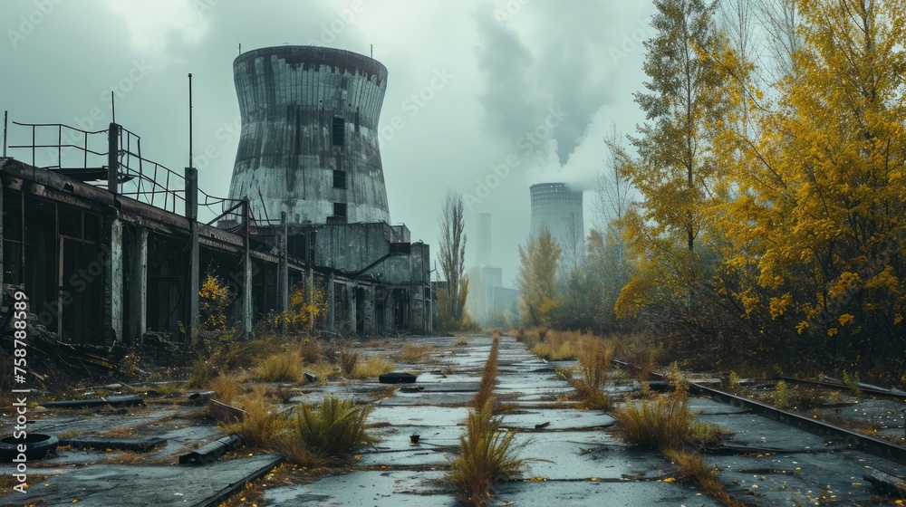 Generative AI Remnants of Chernobyl's cooling towers, broken structures ...