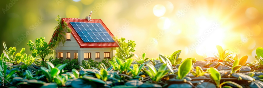 background with a sustainable home featuring solar panels, rainwater ...