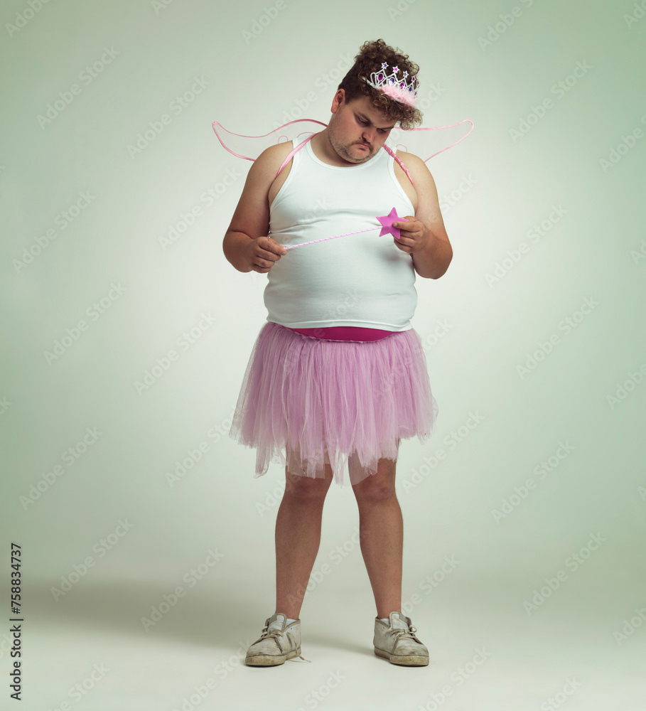 Fairy, man and studio portrait for magic and isolated, sad male person ...