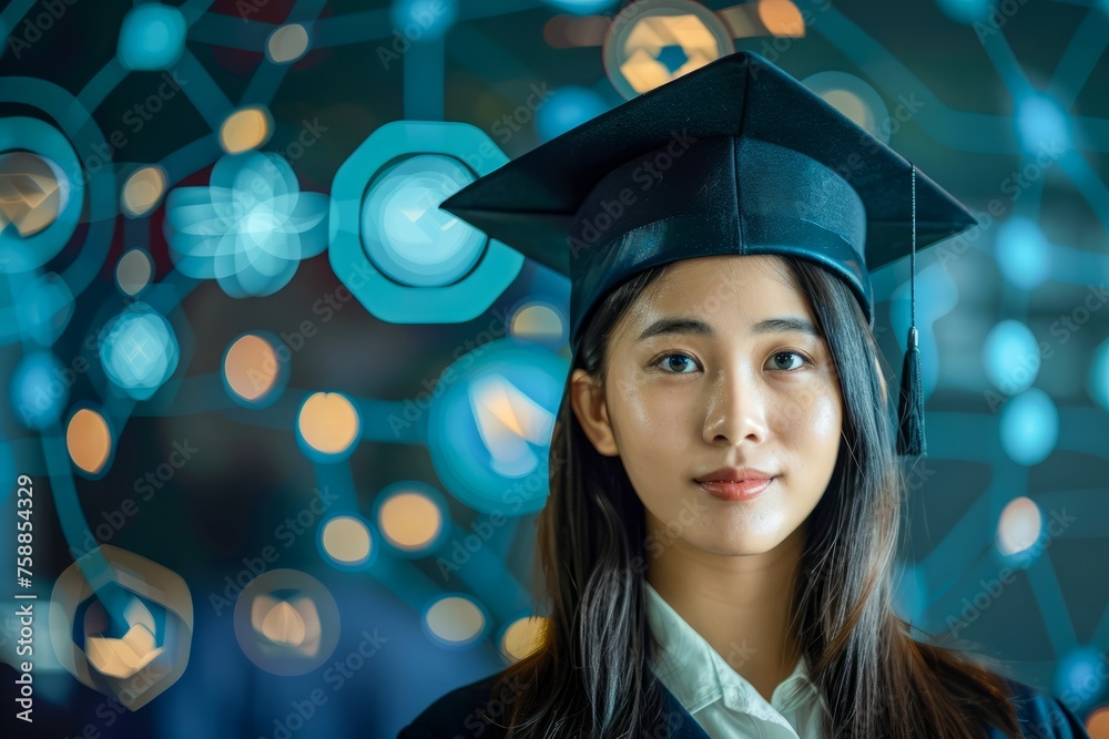 Young Asian Female Graduate in Cap and Gown with Bokeh Background ...