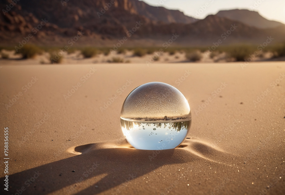 A water-filled orb in a desert with intricate lighting and texture ...