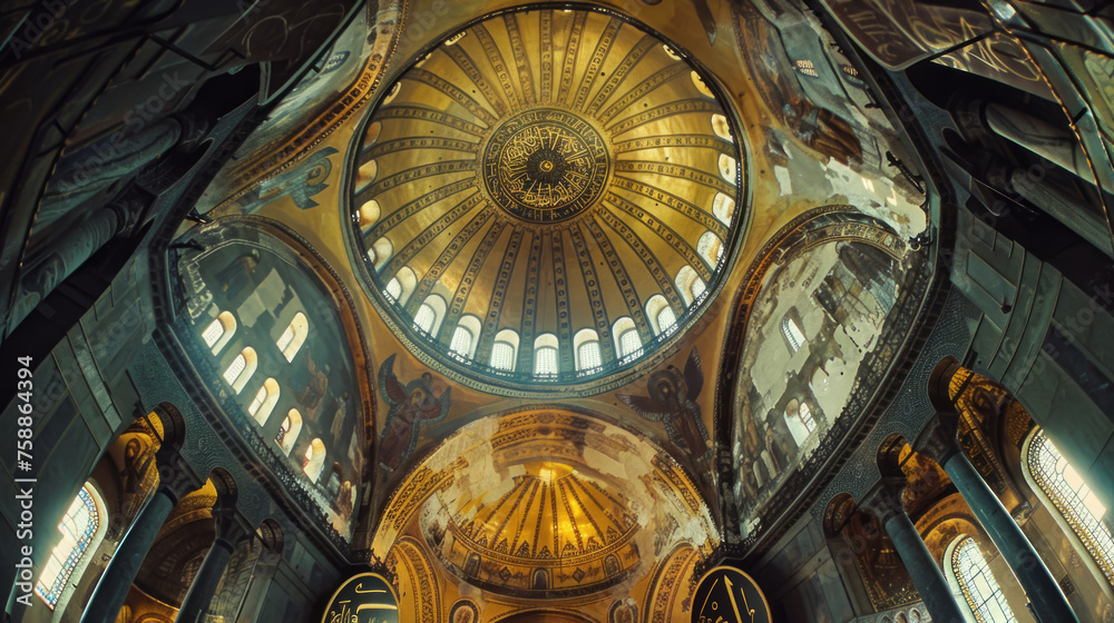 Fish-eye lens perspective underneath the domed ceiling of an ornate Byzantine basilica, golden ...