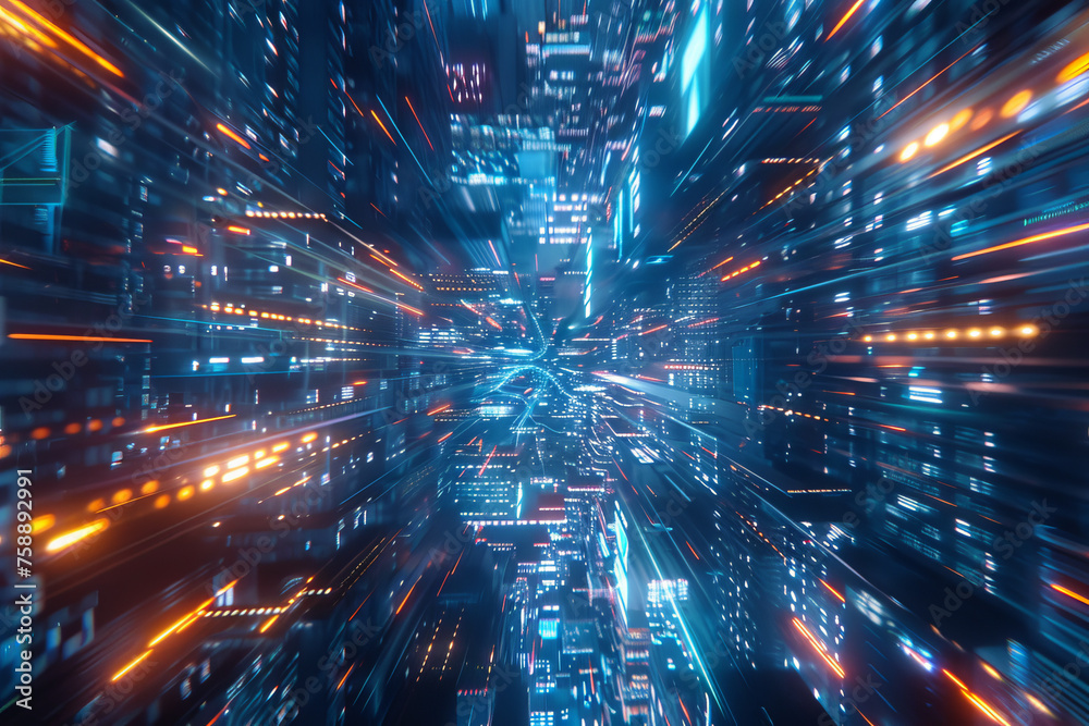3D Rendering of warp speed in hyper loop with blur light from buildings ...