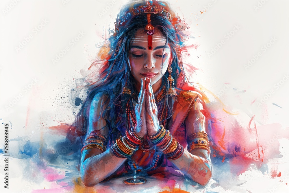 Ilustración de Stock Hindu goddess Parvati folded her hands in prayer ...