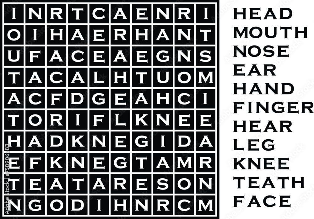 Word search puzzle about the parts of the body. Educational game for ...