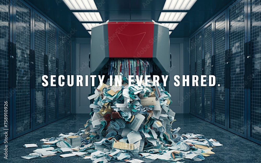 "Security in every shred" A powerful industrial shredder in a data center, overflowing with ...