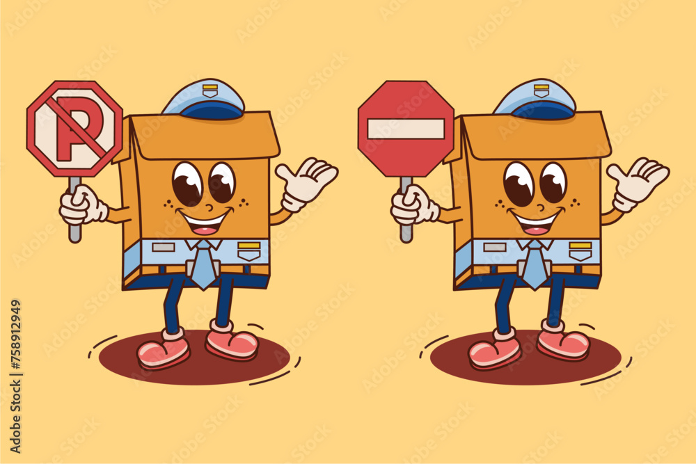 set of retro cartoon illustrations of police cardboard boxes with ...