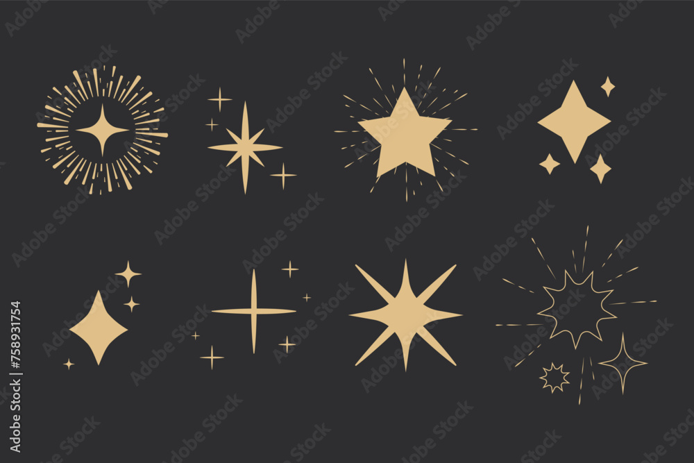 Set sparkle fireworks, star blink doodle gold sparkle holiday party explosion isolated on dark ...