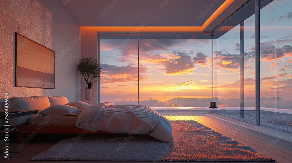 the minimalist bedroom's serene atmosphere. the soft, diffused light ...