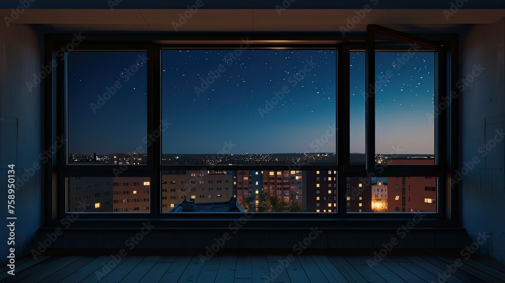 the night sky visible through the large window appears realistic by ...