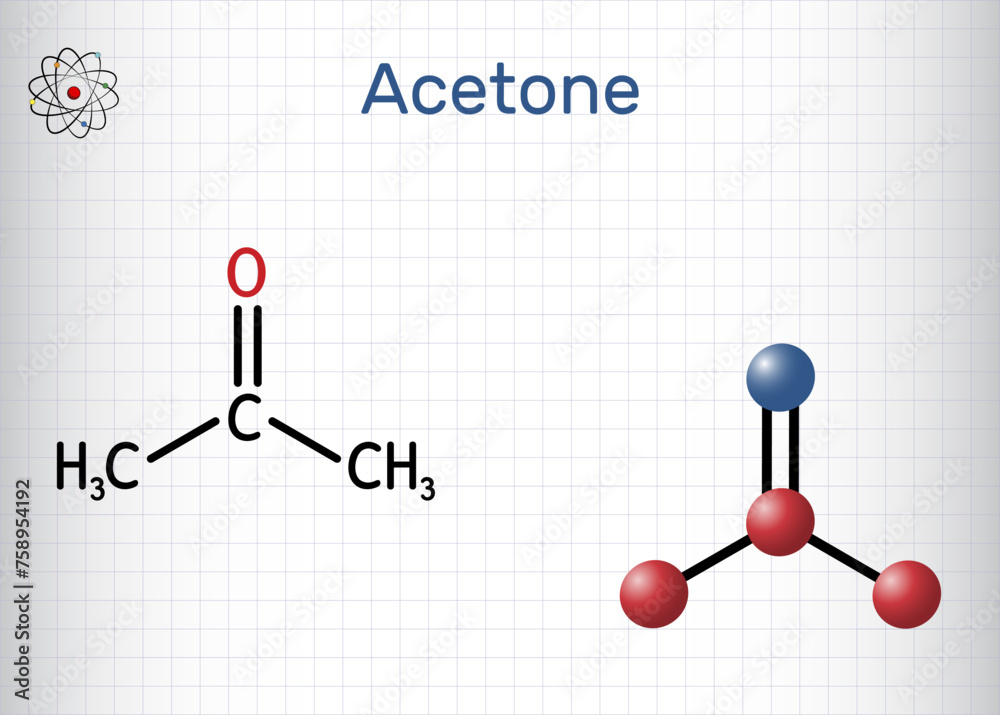Acetone ketone molecule. It is organic solvent. Structural chemical ...