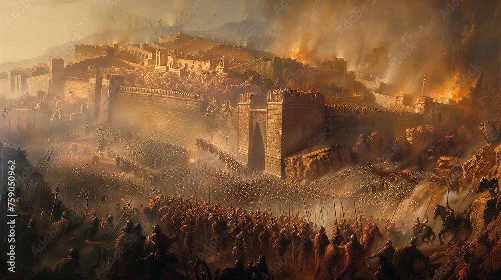 The Battle of Jericho. The walls of Jericho collapsing as the ...