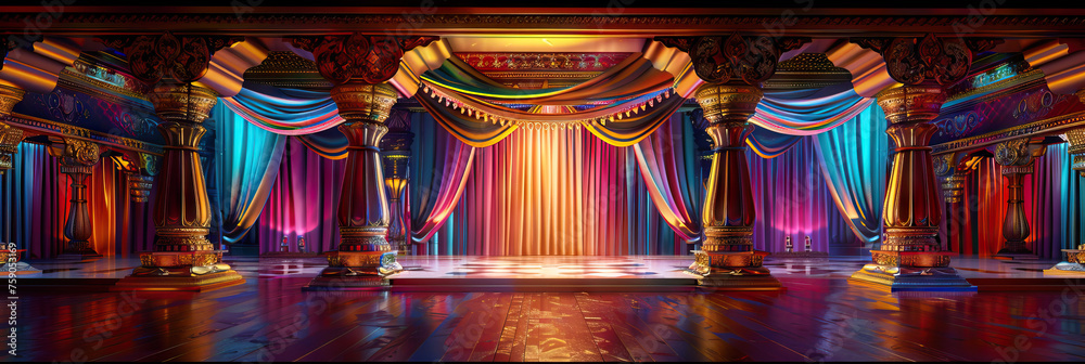 Bollywood Film Set with Colorful Fabrics, Ornate Pillars, and Dancing ...
