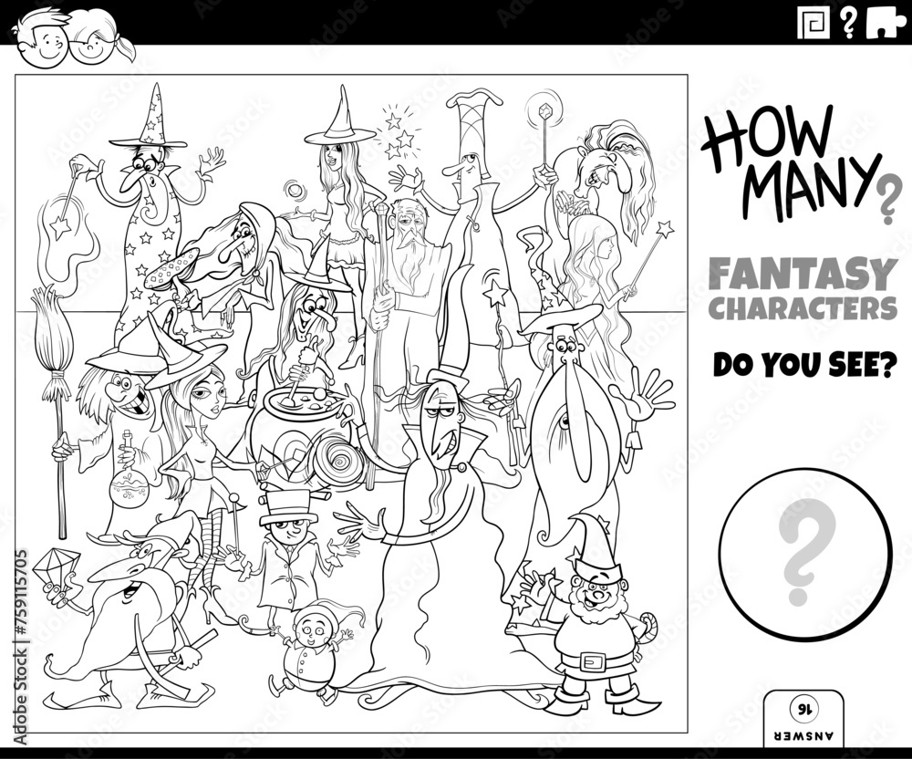 counting cartoon fantasy characters educational activity coloring page ...