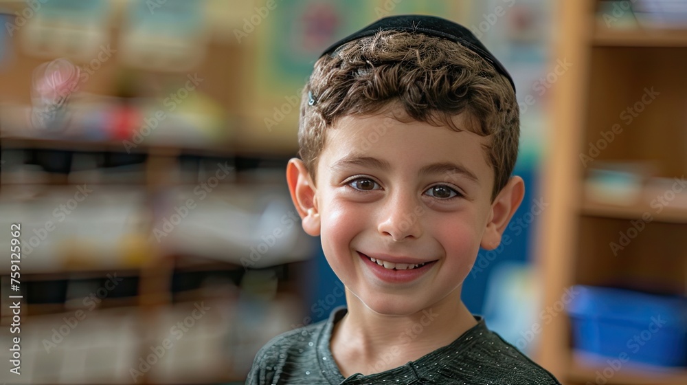 Purim carnival in the famous ultra-orthodox quarter. Portrait of a boy ...