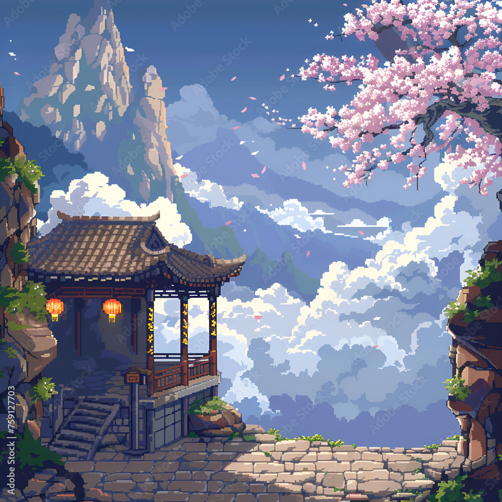 Digital Zen - Cherry Blossoms and Ancient Eaves, Pixels of Tranquility ...