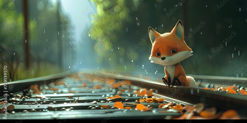 3d cartoon illustration with a sad tiny fox sits on the tracks waiting ...