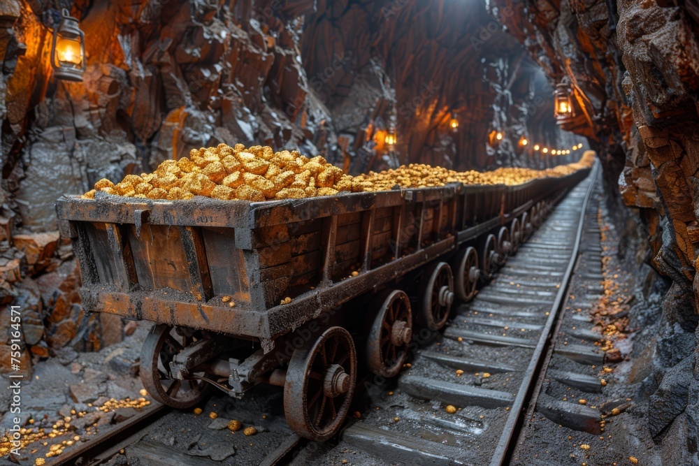 Foto de Stock inside a gold mine, old mine shaft, bendy mine cart ...