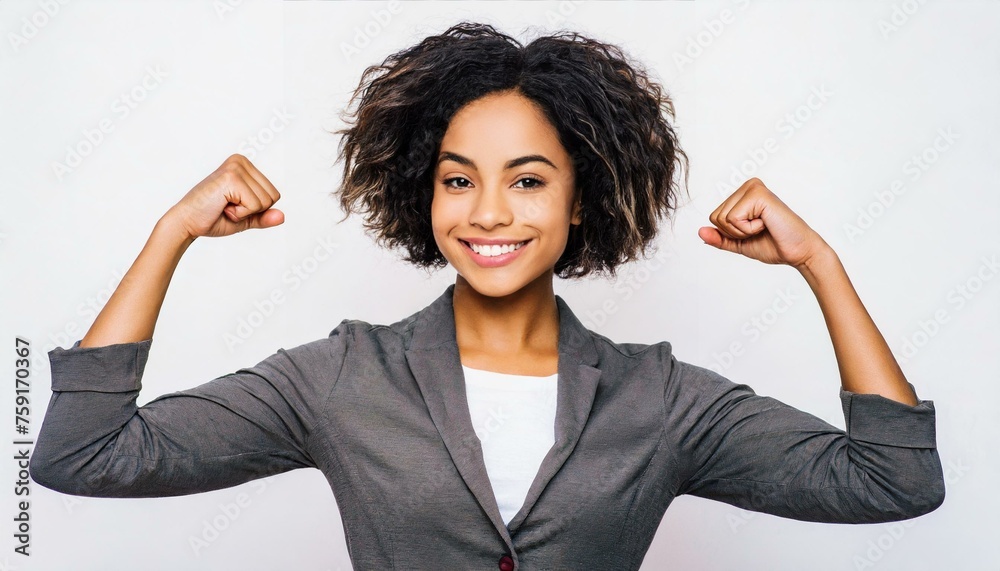 Beautiful smiling beauty woman shows strength or muscles isolated on ...