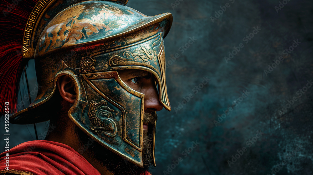 Roman soldier in profile wearing a detailed helmet with a red plume ...