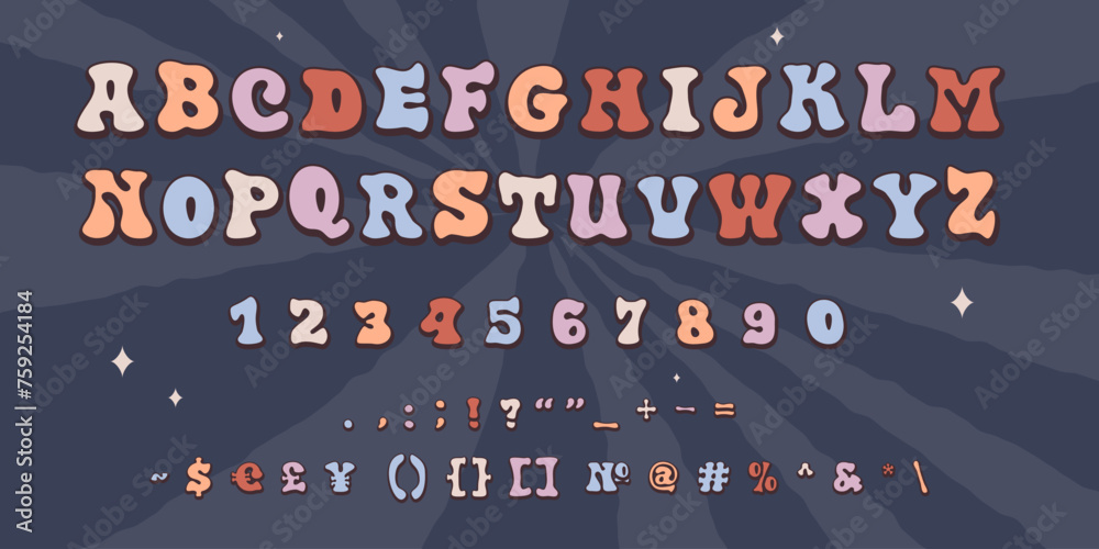 Stock-Vektorgrafik „Groovy alphabet letters, numbers and characters ...