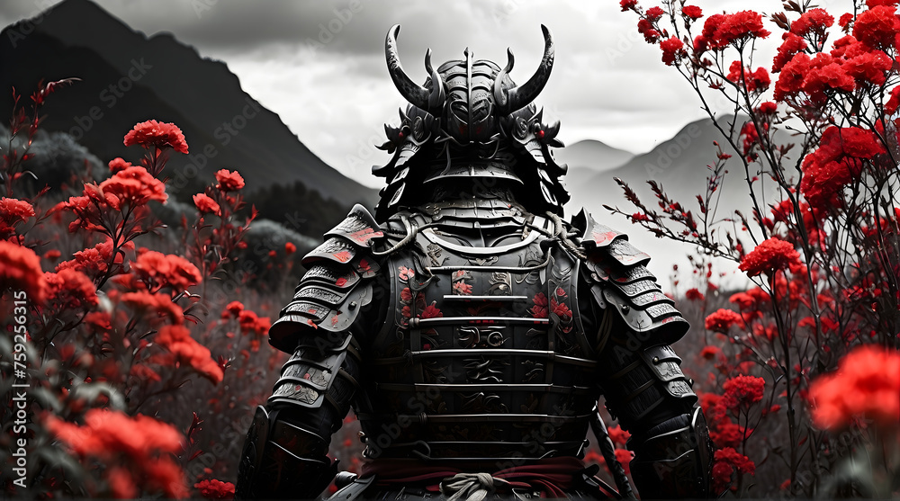 Samurai Warrior in a beautiful rose field, black and white and red ...